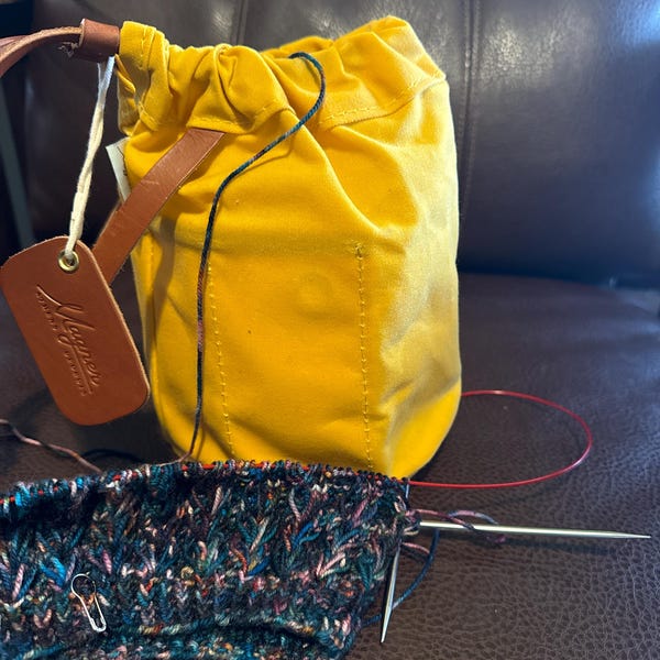 Knitting Project Bag NATURAL Canvas and Golden Brown English Bridle ...