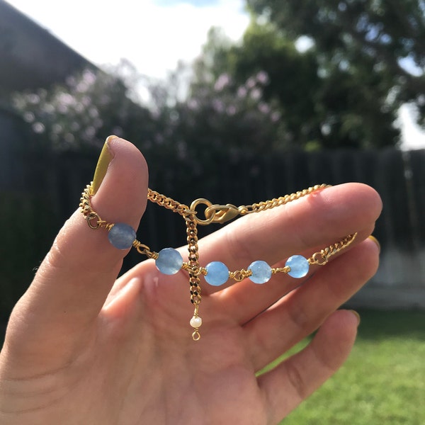 Baby Blue Jade, 6mm Rosary Bead Chain, Gold Plated, Silver or Gunmetal ...