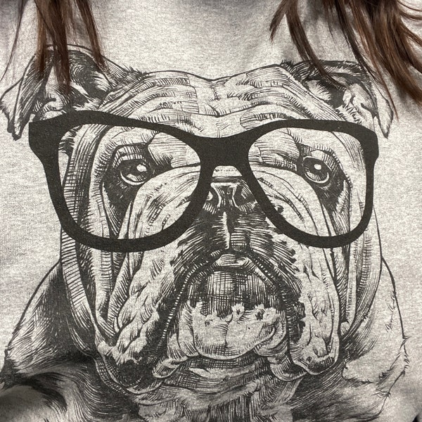English Bulldog Sweatshirt, Hipster Bulldog Dog Hoodie, Glasses Nerdy ...
