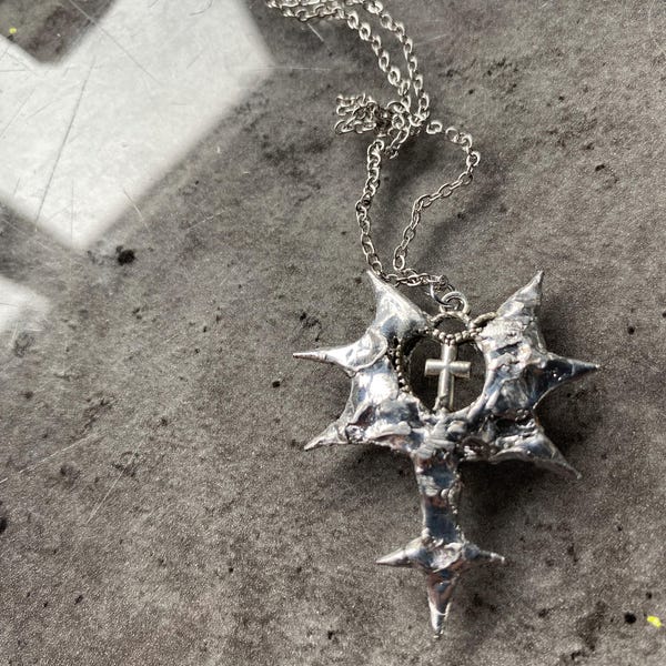 Spiky Metal Pendant ,punk Spiky Cross , Liquid Metal, Soldered Necklace ...