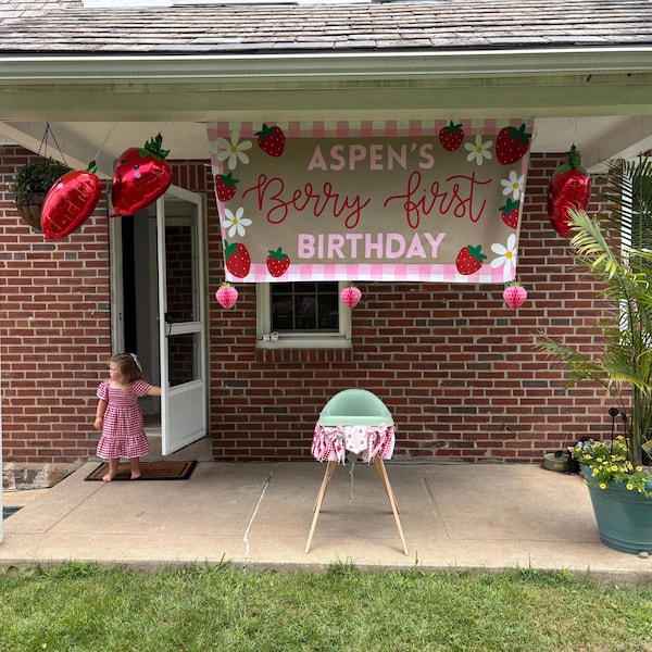 Pink Red Strawberry Daisy Picnic Birthday High Chair Fabric Banner, Can ...