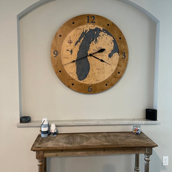 Lake Michigan Nautical Wood Map Wall Clock, Large Nautical Clock, Lake ...