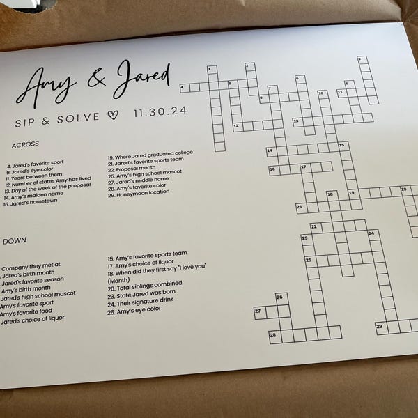 Custom Wedding Crossword Puzzle Template | Personalized Bridal Shower ...