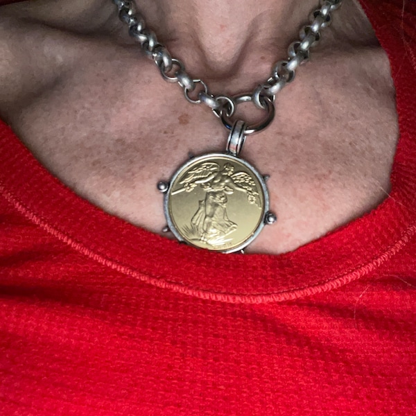 Large Antiqued Silver Rolo Chain Necklace. Large Replica Silver Coin ...
