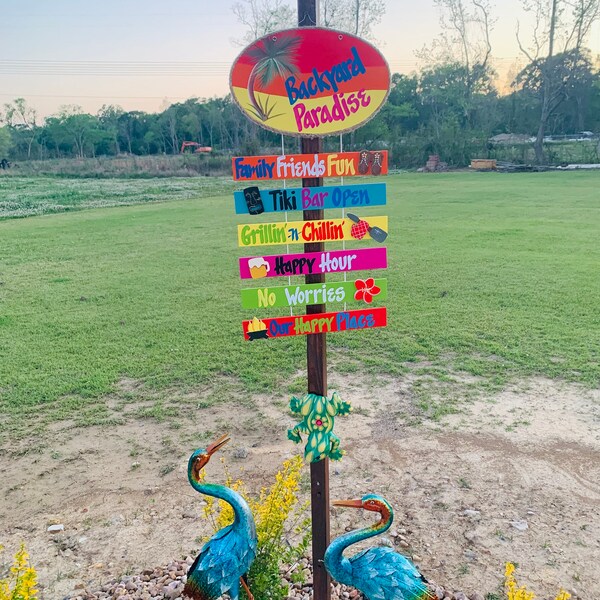 Backyard Paradise Hand Painted Wood Wall Hanger Sign Personalized Tiki ...