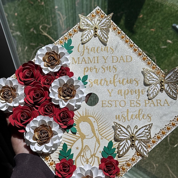 Blue Graduation Cap Topper, Paper Flower Grad Cap, Gold Beaded ...