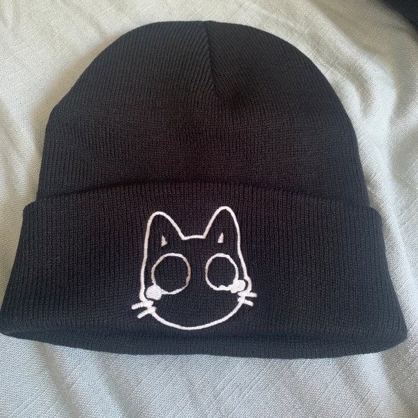 Glow in the Dark Crying Cat Beanie, Embroidered Black Unisex Adult Beanie, Cuffed Knit Beanies ...