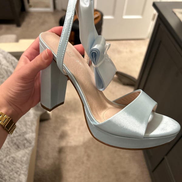 Light Blue Satin Platform Block Heel Wedding Sandals With Double Pearls ...