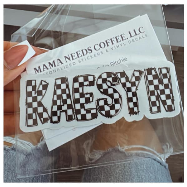 Personalized Checkered Name Sticker, Black, Red, Green, Blue - Water ...