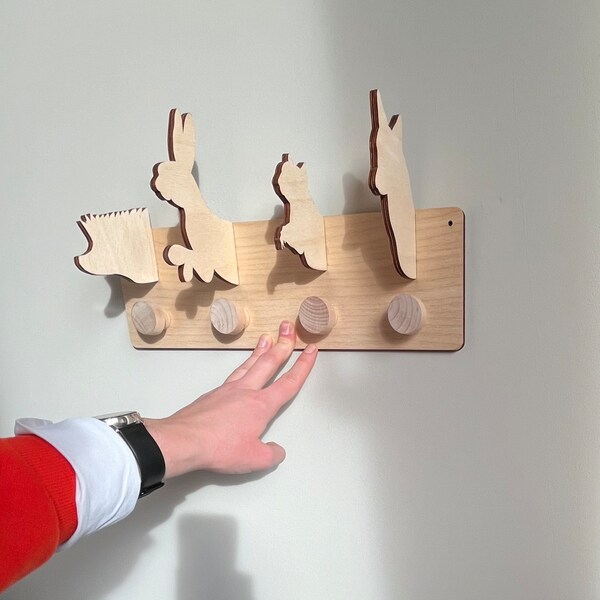 Wooden Farm Animals Coat Rack for Kids, Nursery Wall Hanger With Animal ...
