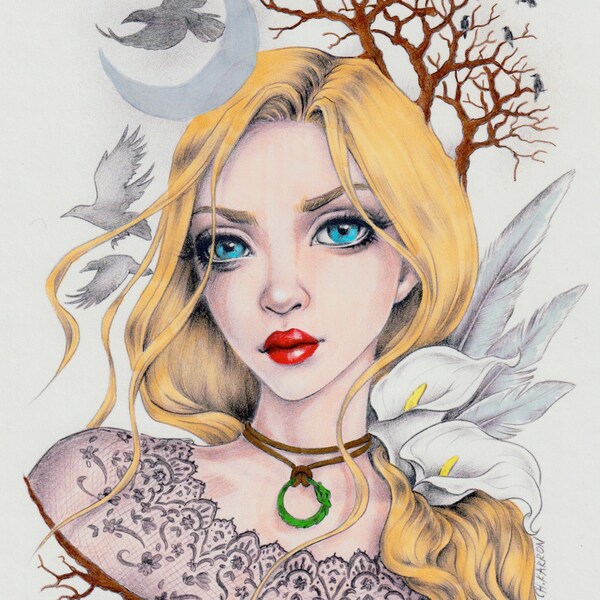 Dark Eyes Raven Coloring Page Grayscale Illustration Instant Download ...