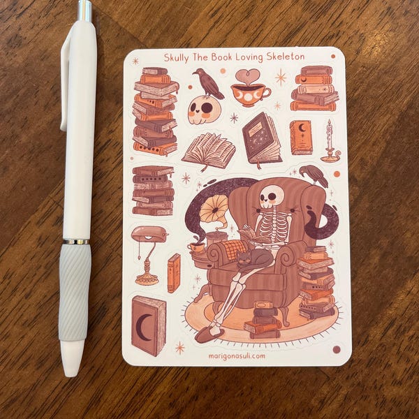 Skully the Book Loving Skeleton Sticker Sheet | Journal Stickers ...