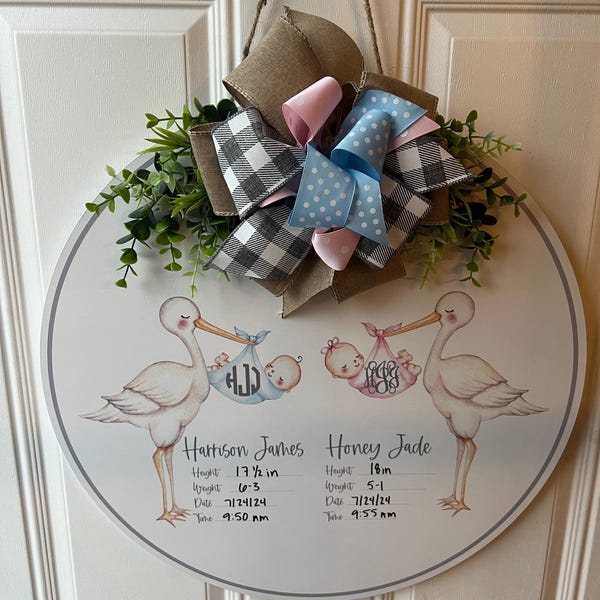 Twin Baby Birth Announcement - Hospital Door Hanger - Stork Door Hanger ...