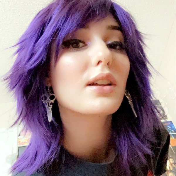 12 Inch Purple Shag Style Straight and Layered With Bangs Anime Costume ...