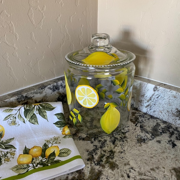 Painted Gallon Cookie Jar Lemons, Lemon Themed Candle Holder Kitchen ...