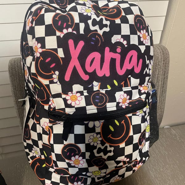 Personalized Backpack Smiley Face Checkered, Back to School Gifts for ...