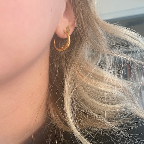 Silver Moon Hoop Earrings, Bohemian Earrings, Crescent Moon Jewellery, Gold Moon Hoops, Lunar ...
