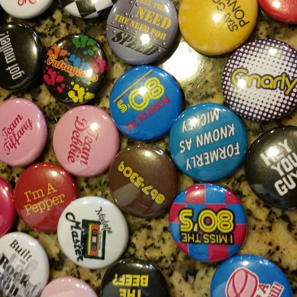Everything 80's Buttons (40 Pack) Party Favors, 80s Pins, 1" or 1.5" or ...