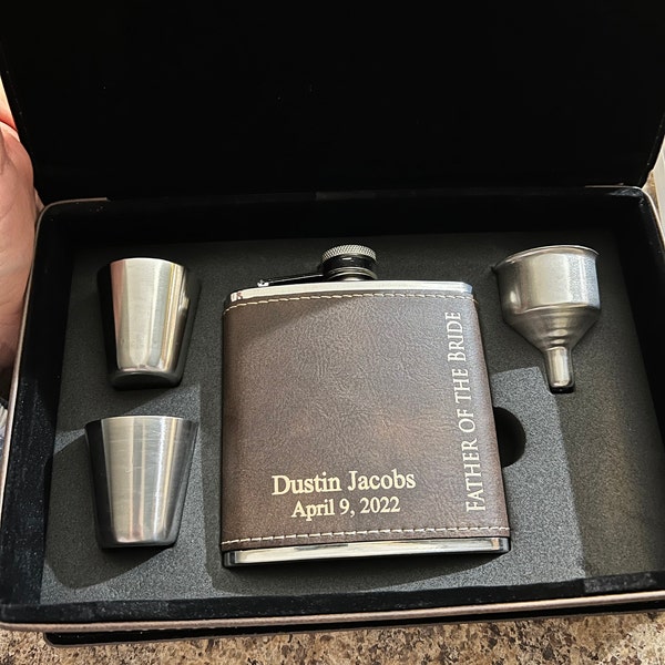Groomsmen Gift, Personalized Flask Set for Men, Rustic Brown Leather ...