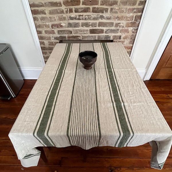 Heavy Linen Tablecloth for Easter Table - French Style Striped Washed ...