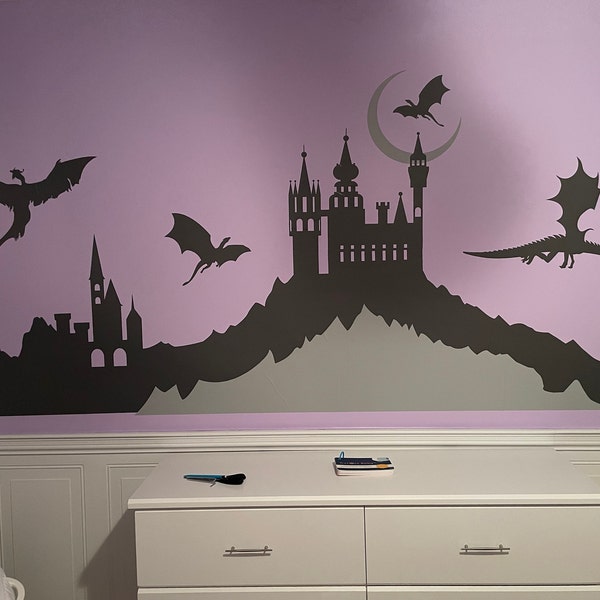 Fantasy Wall Castle Decal, Moon, Castle and Flying Dragon Landscape ...