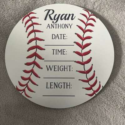 Baseball Birth Stat Sign Baby Name Sign Round Wooden Personalized Baby ...