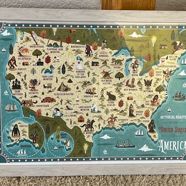 Illustrated Map, Mythical Beasts of the United States of America, A3 ...