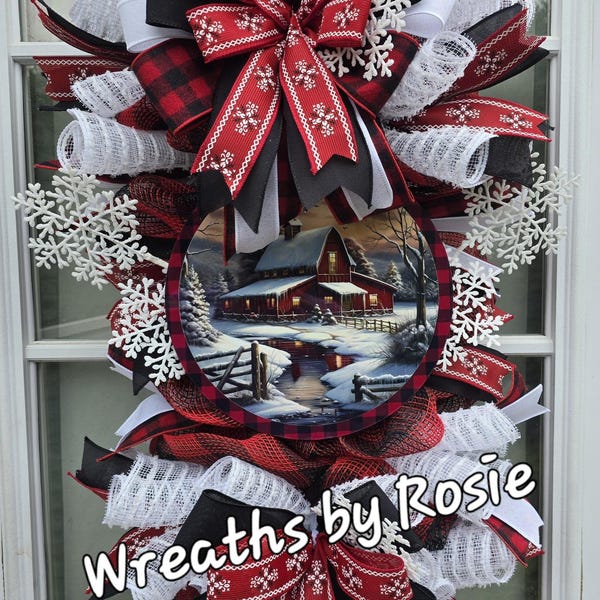 Barn With Winter Snow and Stream Wreath Sign, Metal Wreath Sign, Round ...