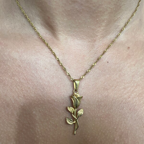 18k Gold Rose Pendant Chain Mens Rose Necklace Gold Rose Pendant ...
