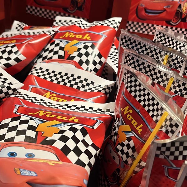 Cars Party Labels Mini Kit: Chip Bag, Treat Bag, Thank You Tags ...