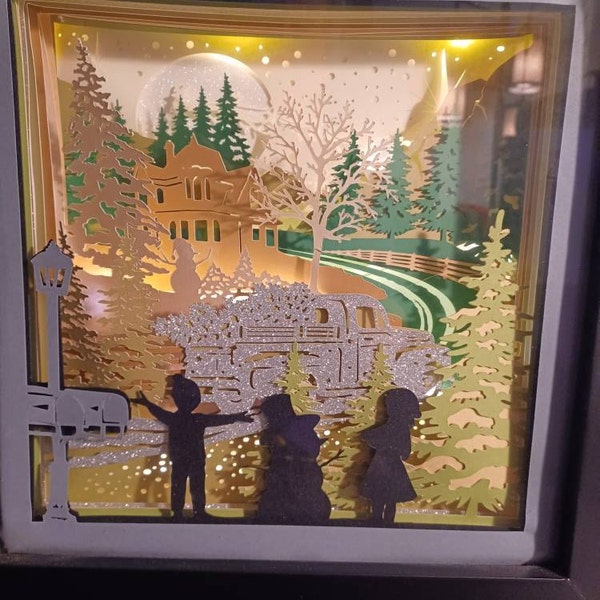 3D Shadowbox Winter, Shadow Box Svg, Night Light Svg, Shadowbox Village ...