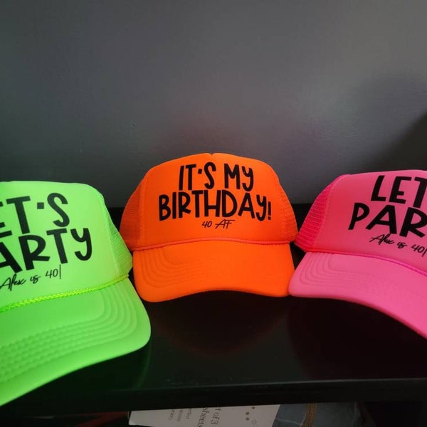 Let's Party Birthday SOLID NEON HATS | Custom Wording Line Birthday Boy ...