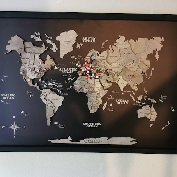 World Map on Board, 5th Anniversary Birthday Gift, Home Decor, Framed ...