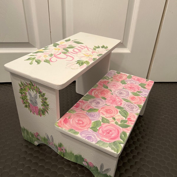 Silver Grey Roses and Stripes Step Stool for Girls, Nursery ...
