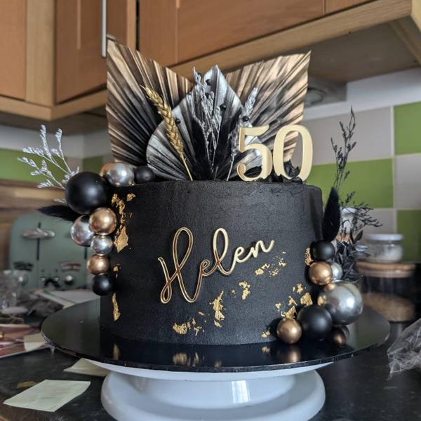 Navy Blue & Gold Dried Flower Cake Topper: Palm Spear Mini Bouquet ...