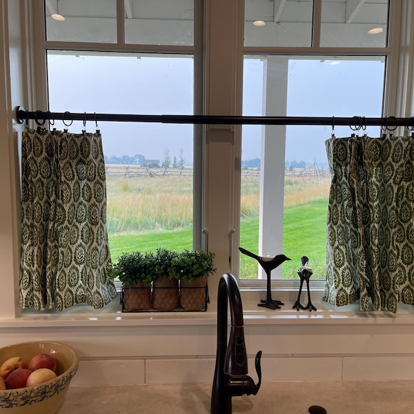 Pleated Lynn Block Print Cafe Curtain , Tier Curtains, Kitchen Curtains ...