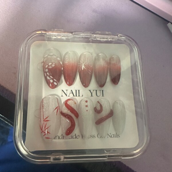 Handmade Red White Bamboo Snake Butterfly Sliver Glitter Press on Nails ...