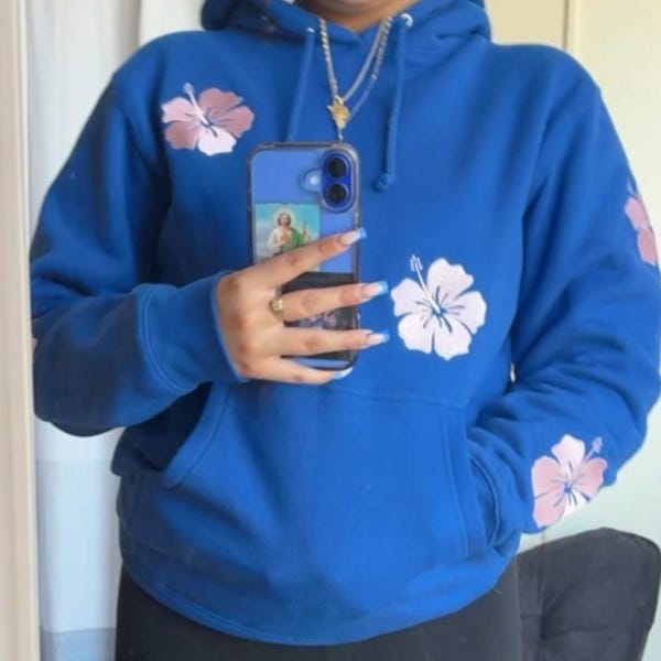 Hibiscus Flower Embroidered Hoodie . No String BOXY Fit. Boyfriend ...