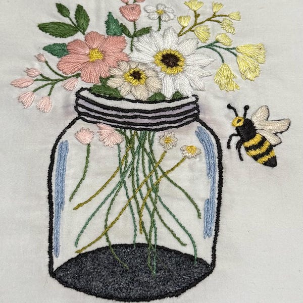 Wildflower Jar With Bee Embroidery Pattern: Nature Hand Embroidery ...