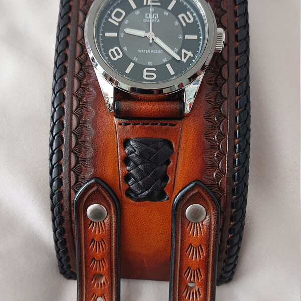 Black and Blue Leather Cuff Watch: Fully Laced Special // Wide, Slick ...