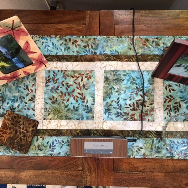 Quilted Batik Table Runner in Earth Tones With Blue, Modern Quilted ...