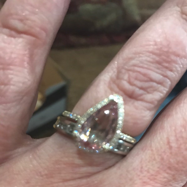 Larger Stone 3ctw Pear Shaped Natural Pink Morganite Ring Solid 14K ...