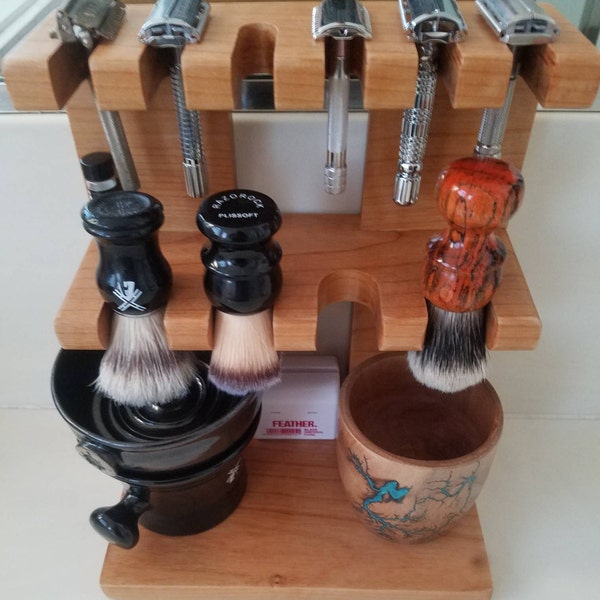 Safety Razor and Shaving Brush Stand Double Decker Wooden, Room for ...