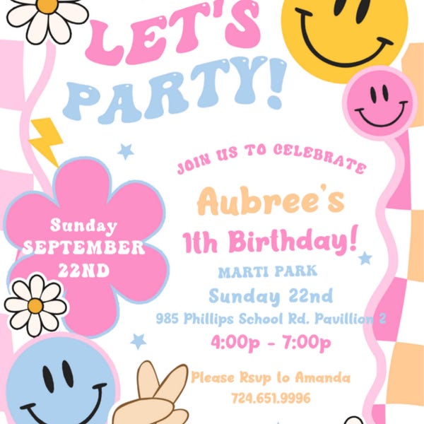Smiley Face Invite, Smiley Face Birthday Invitation, Pink Groovy Retro ...