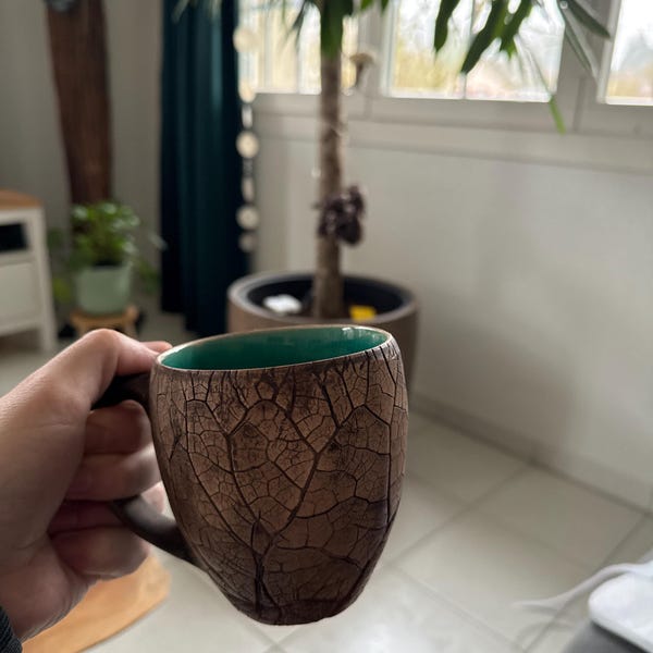 Big Ceramic Coffee Mug With Leaf Impressions || Handmade Pottery Mugs ...