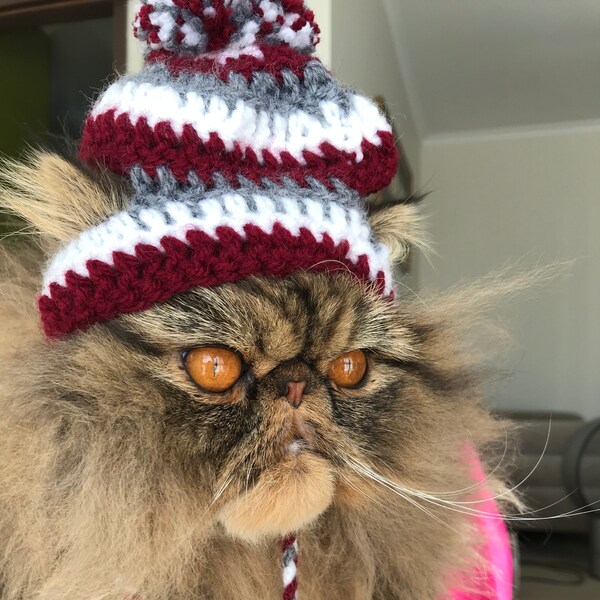 Beanie Hat for Cats, Burgundy - Gray - White Striped Pom Pom Hat for ...