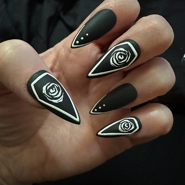 Gothic Press on Nails, Roses in Repose, Vampire Coffin Rose, Halloween ...