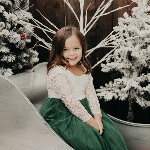 White Lace Flower Girl Dress Hunter Green Tulle Long Sleeve Wedding
