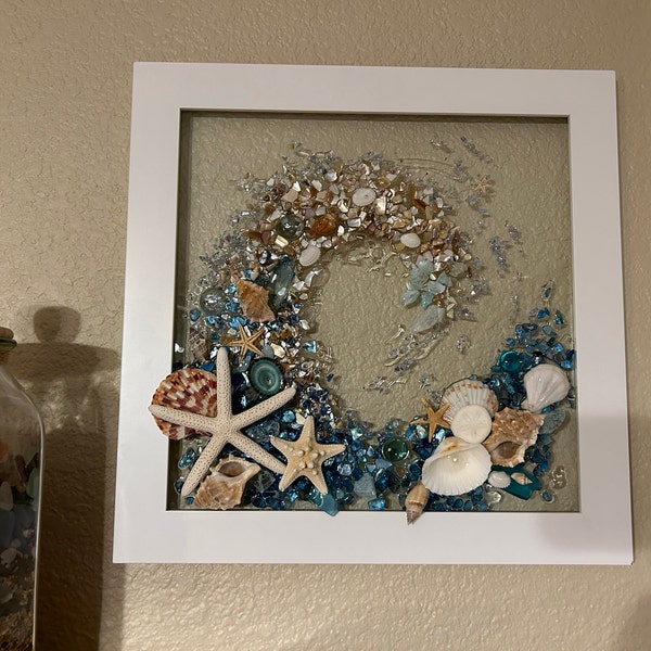 Teal Seashell Wall Hanging on Glass, Beach Art for Bathroom Decor ...