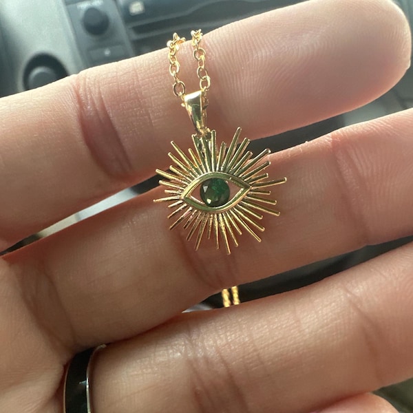 Gold Plated Dainty Evil Eye Sun Pave Necklace, Protector Necklace, Tiny ...